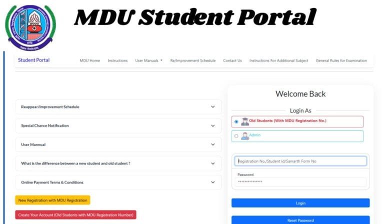 MDU Student Portal: Login, Registered User Login